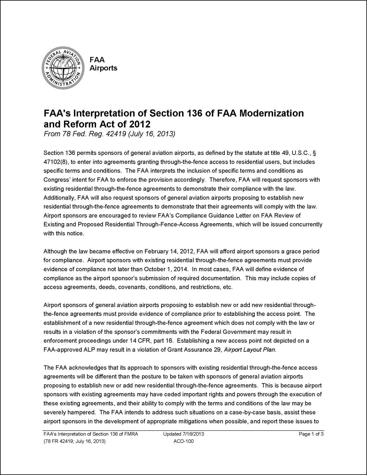 FAA Interpretation of Section 136 of FAA Modernization and Reform Act ...