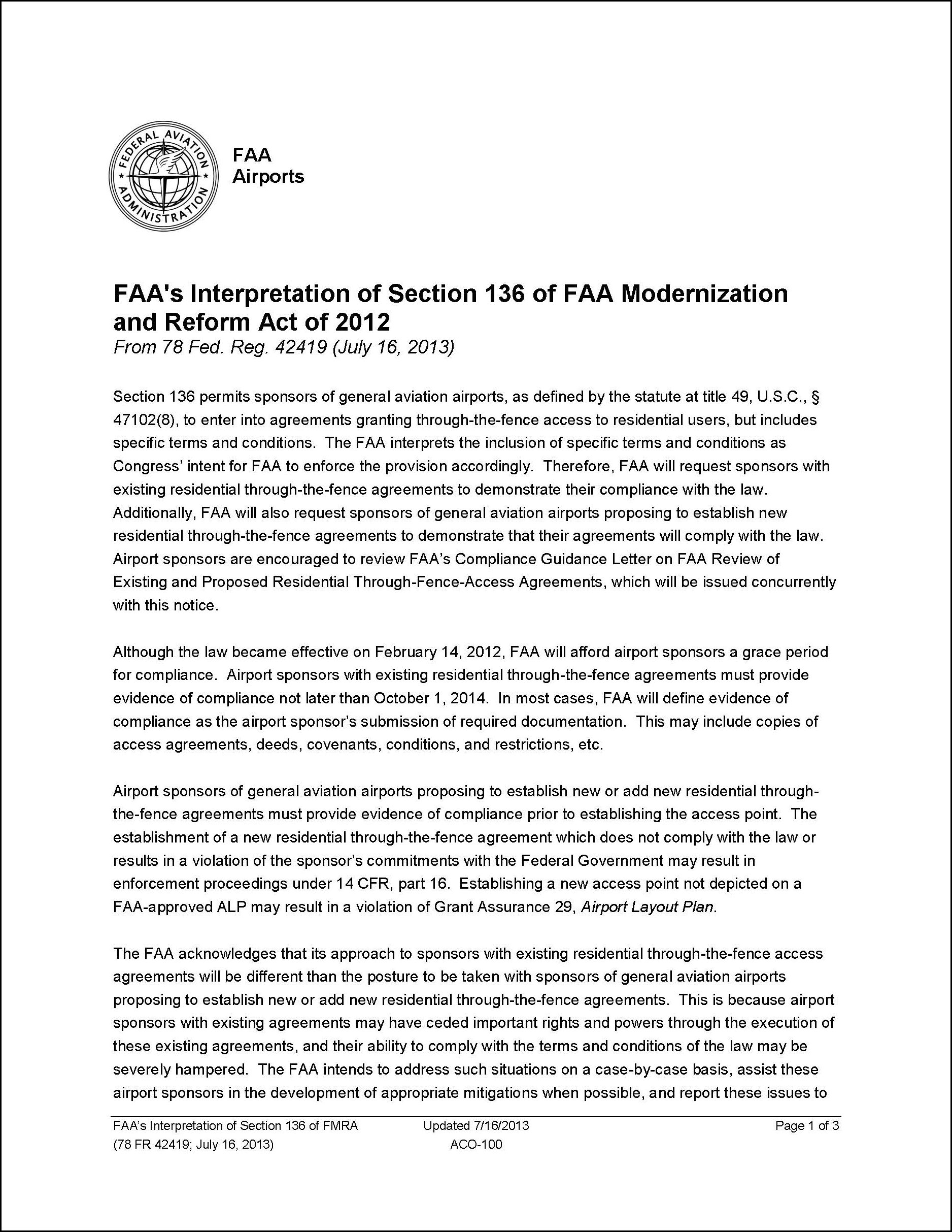 FAA Interpretation of Section 136 of FAA Modernization and Reform Act ...