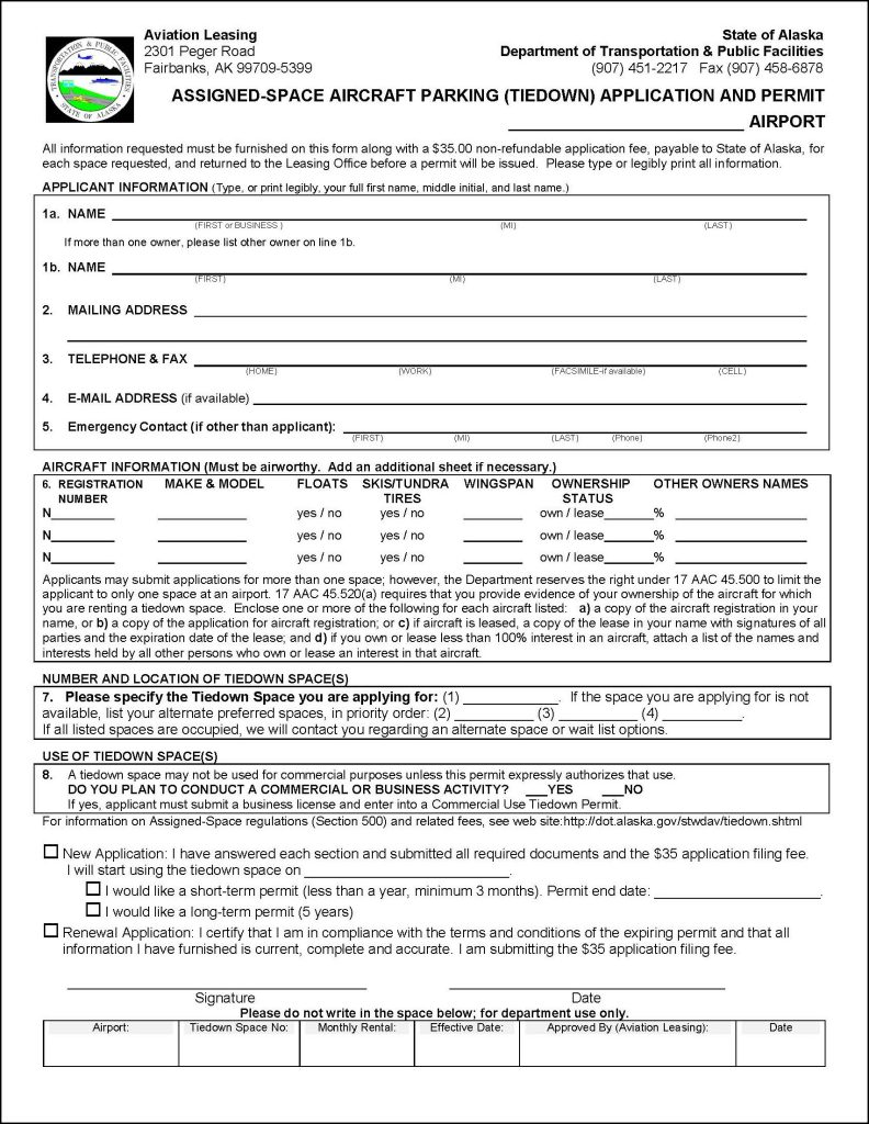 Alaska DOT Assigned-Space Aircraft Parking (Tiedown) Application and ...