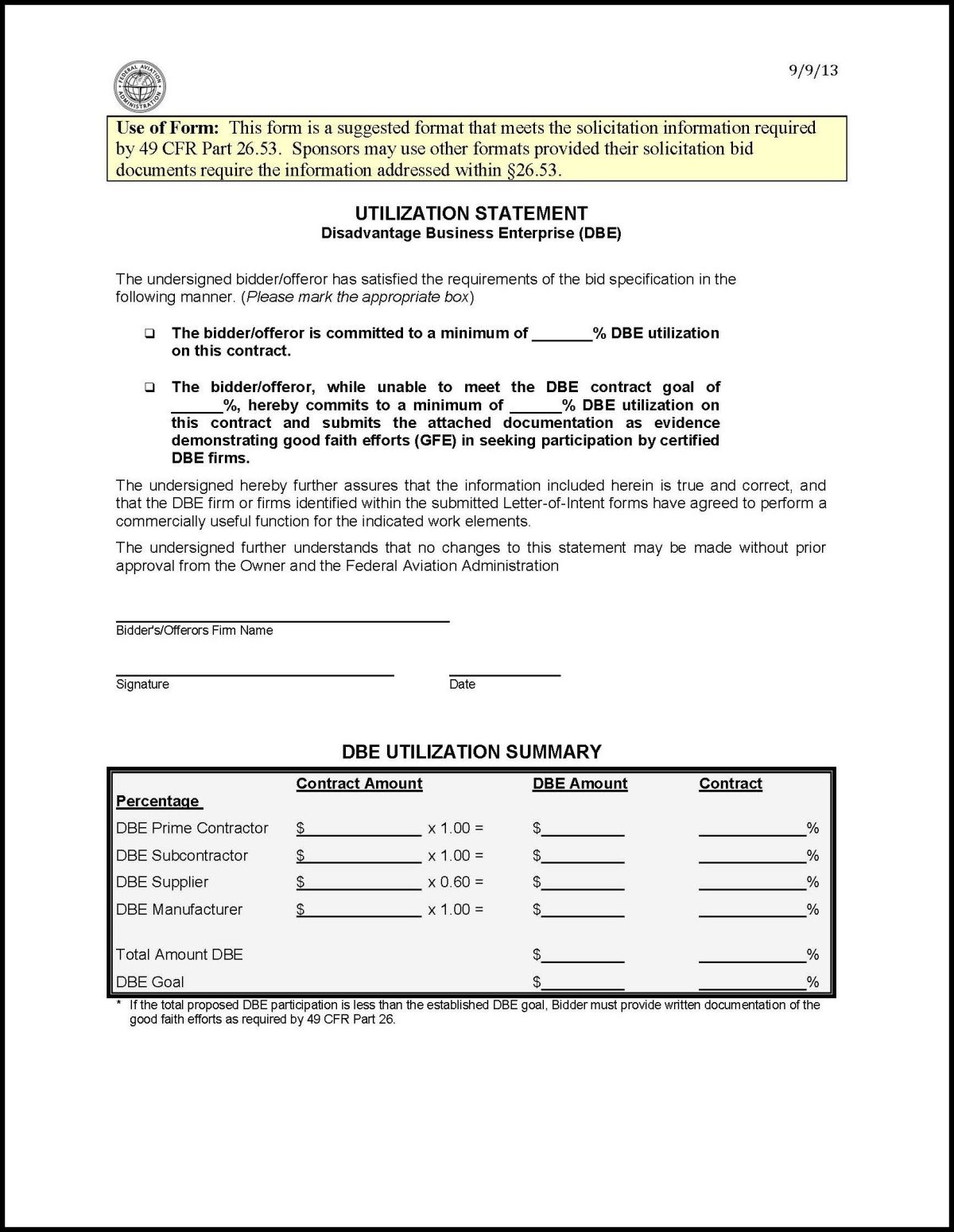 FAA Utilization Statement Disadvantaged Business Enterprise (DBE ...